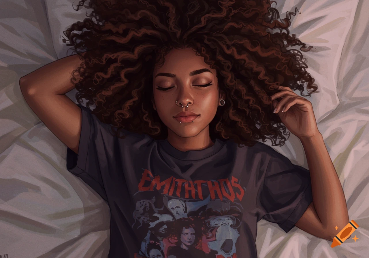 Illustration of a woman with curly hair and piercings sleeping in bed ...