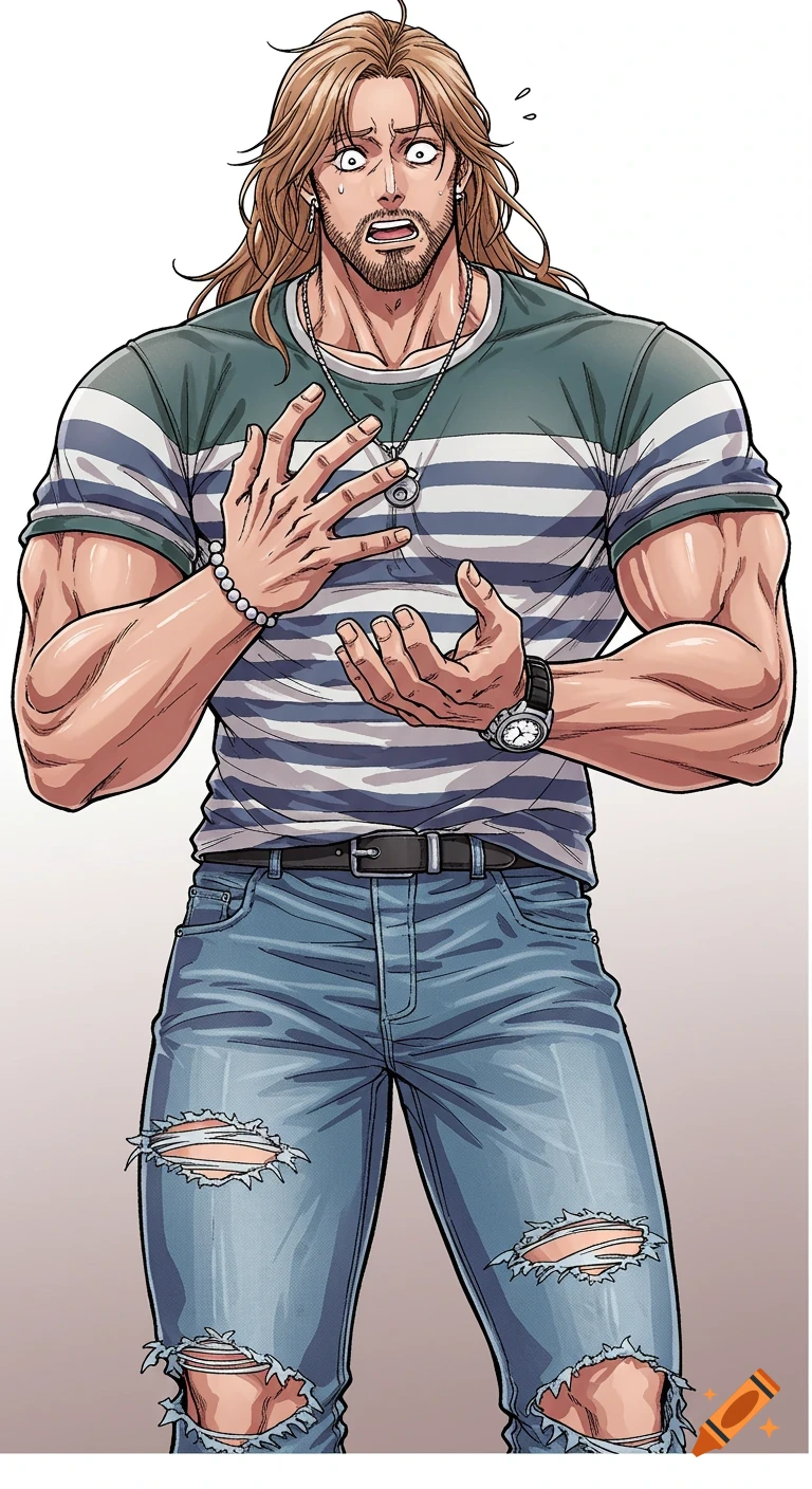Manga/anime illustration of a shocked bodybuilder in a striped shirt ...