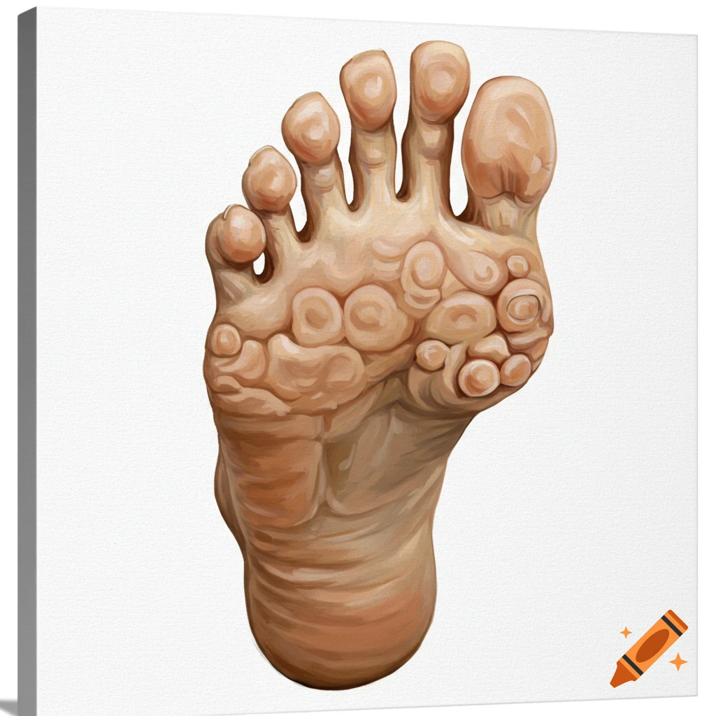 Painterly illustration of a grotesque human foot covered in many toe ...