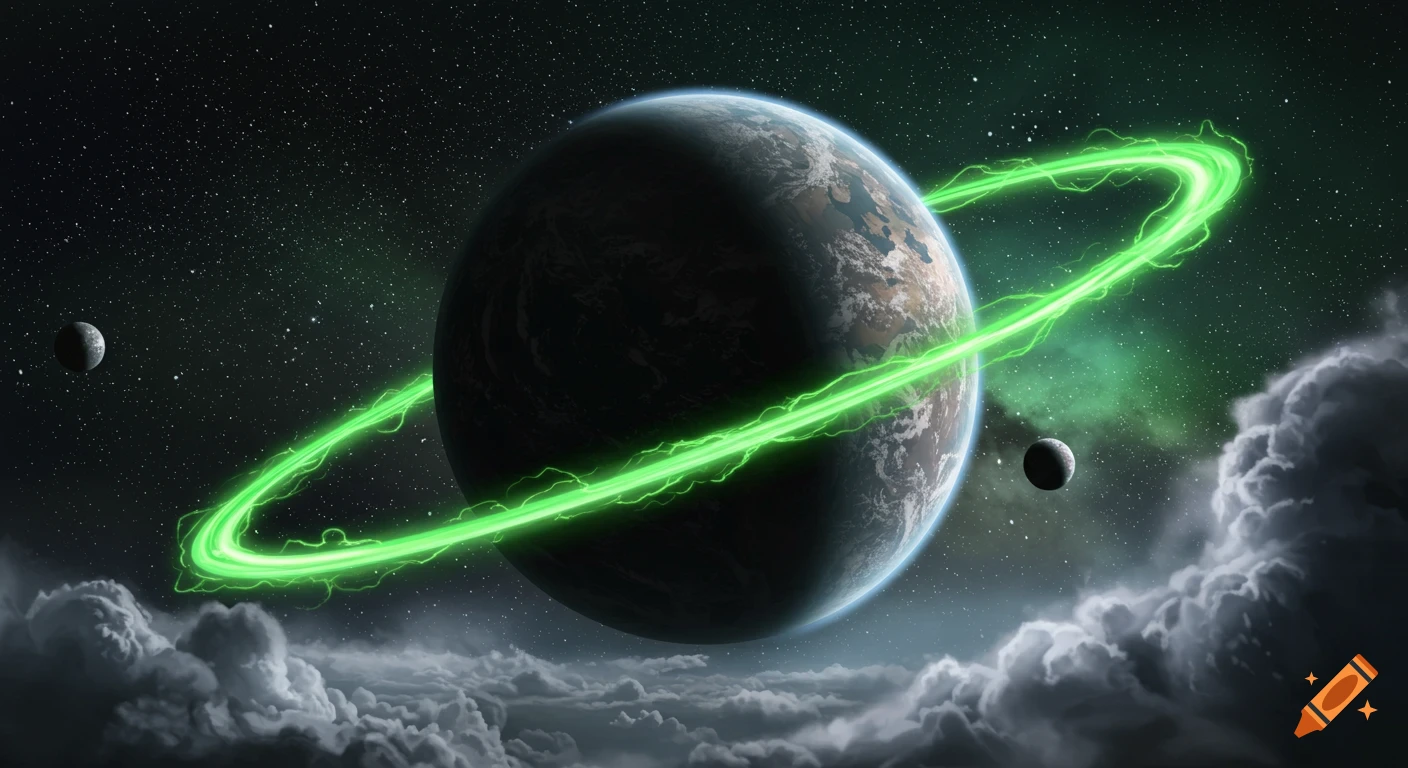 A planet with a glowing green energy ring viewed from orbit, with moons ...