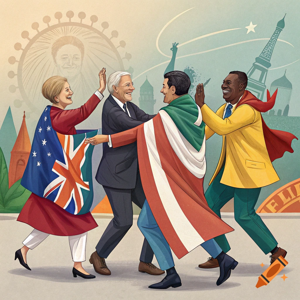 Illustration of four figures representing different countries dancing ...
