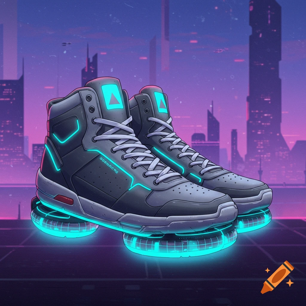 Futuristic hover shoes in a cyberpunk city on Craiyon