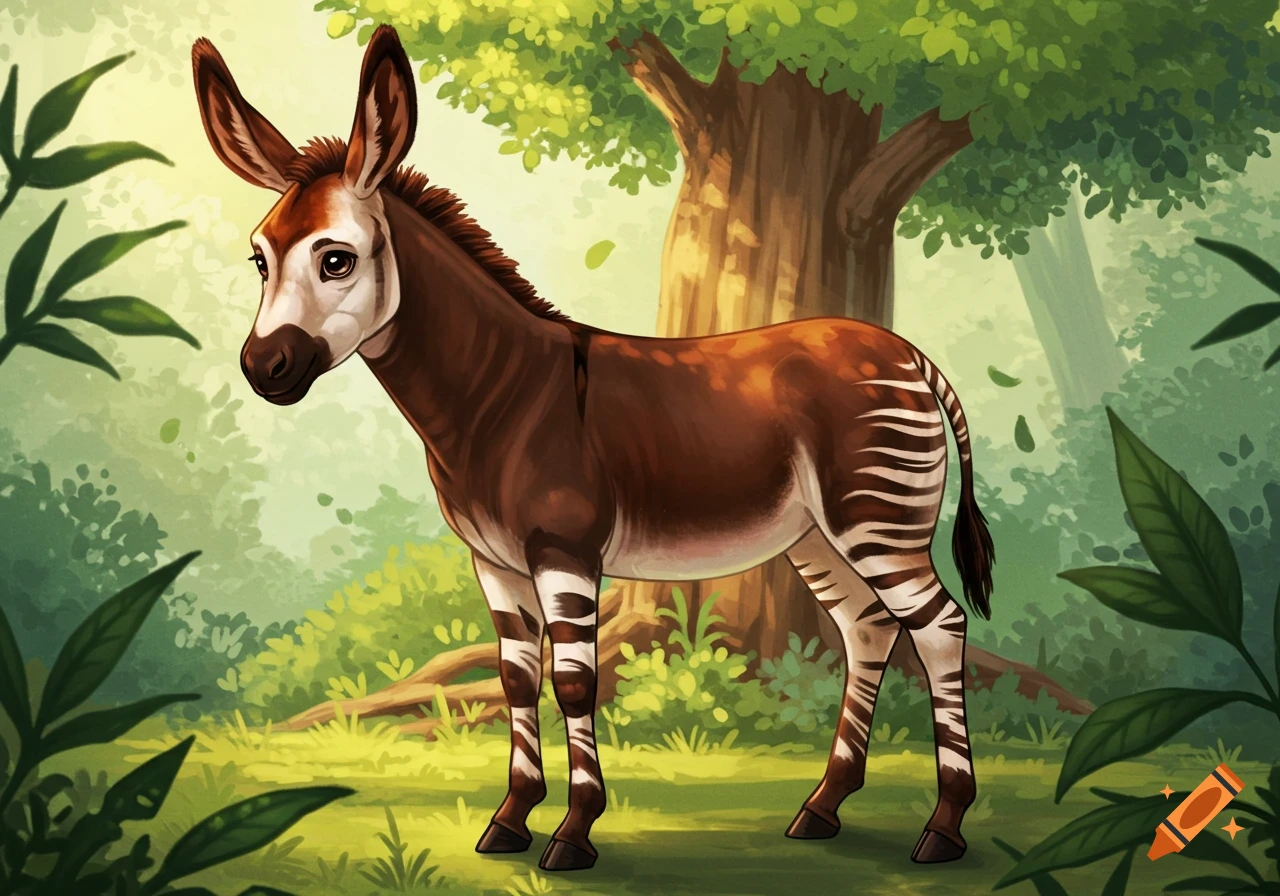 Illustration of a donkey okapi hybrid standing in a forest. on Craiyon