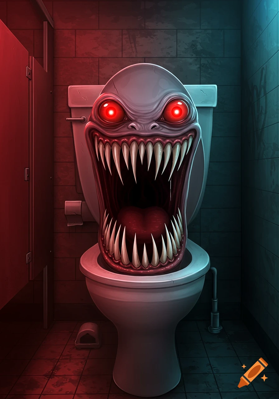 A scary monster toilet with glowing red eyes and sharp teeth in a dark ...