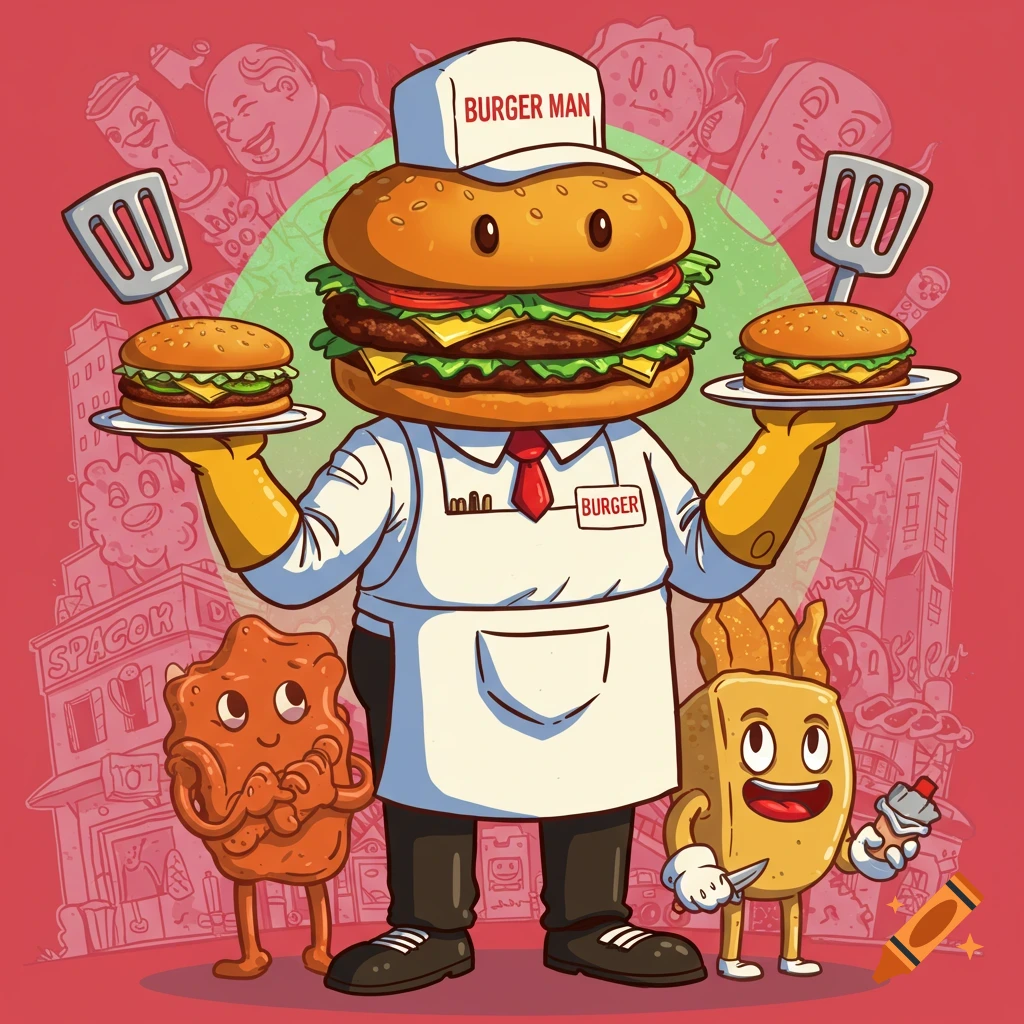 Cartoon illustration of a burger man character holding plates with ...