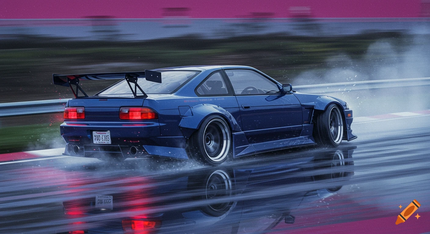 Blue car with a custom body kit drifting on a wet track with motion ...