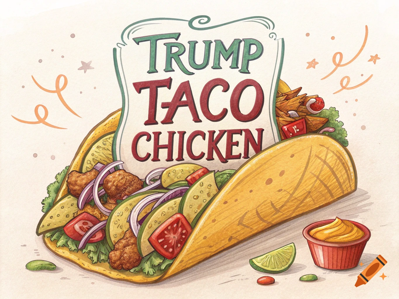 A watercolor cartoon illustration of a chicken taco with a sign above ...
