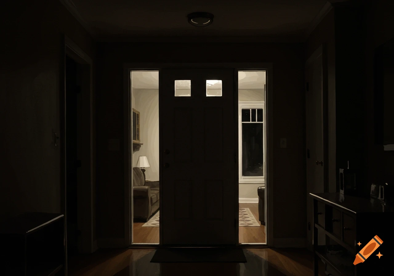 View from a dark hallway looking into a dimly lit living room through a ...