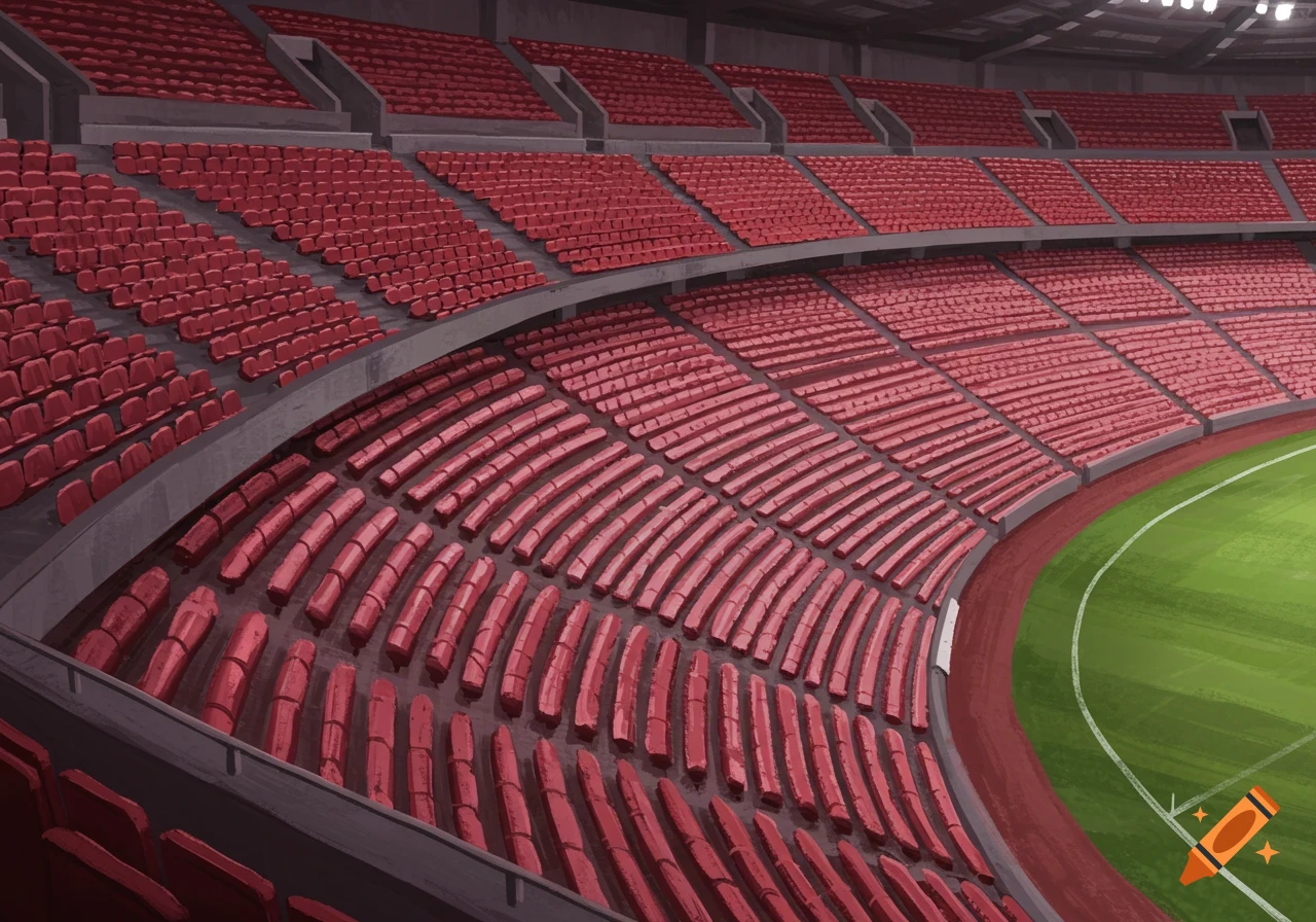 Illustrative view of empty red stadium seats and a green field. on Craiyon