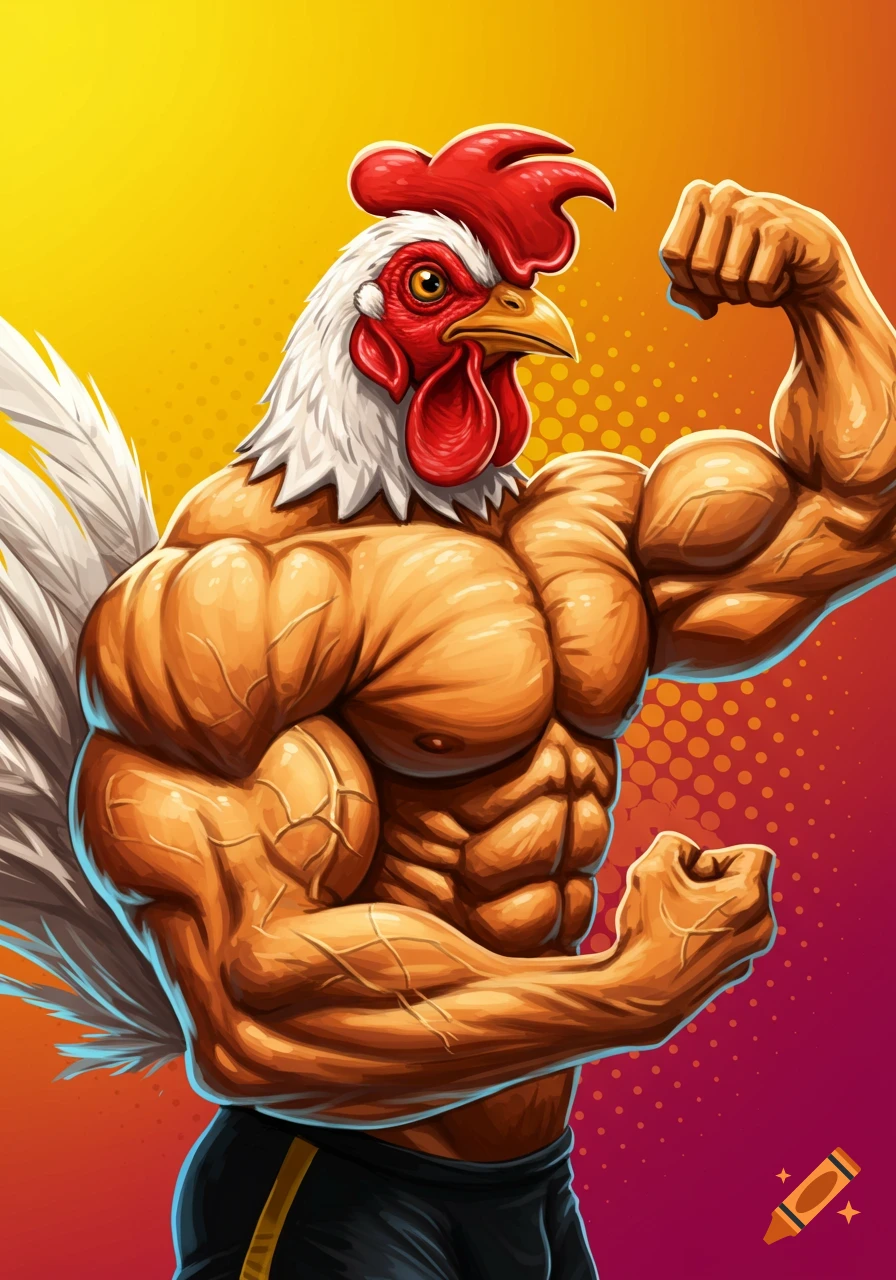 A muscular chicken flexing its biceps in a cartoon style. on Craiyon