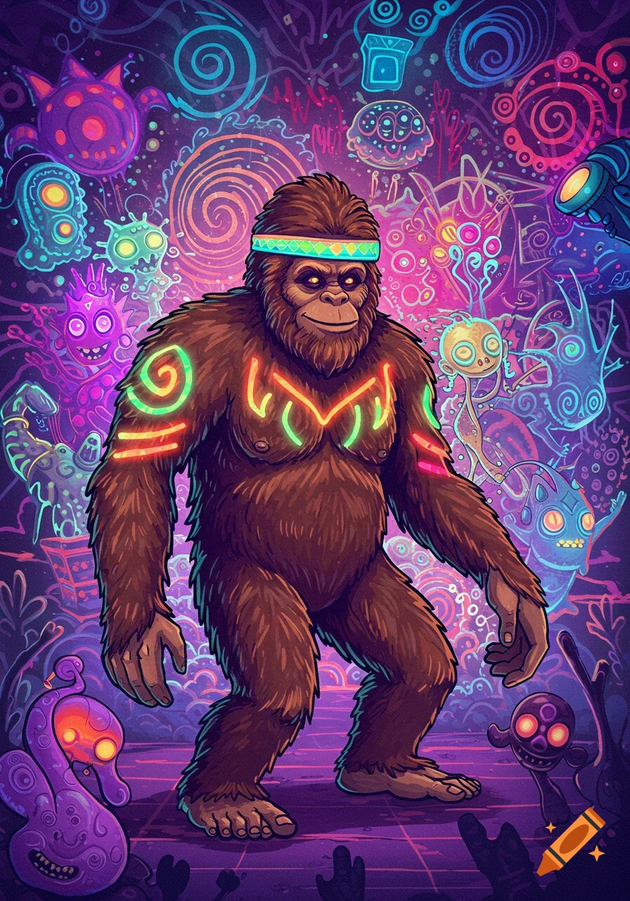 Cartoon Bigfoot in a vibrant neon rave scene with strange glowing ...