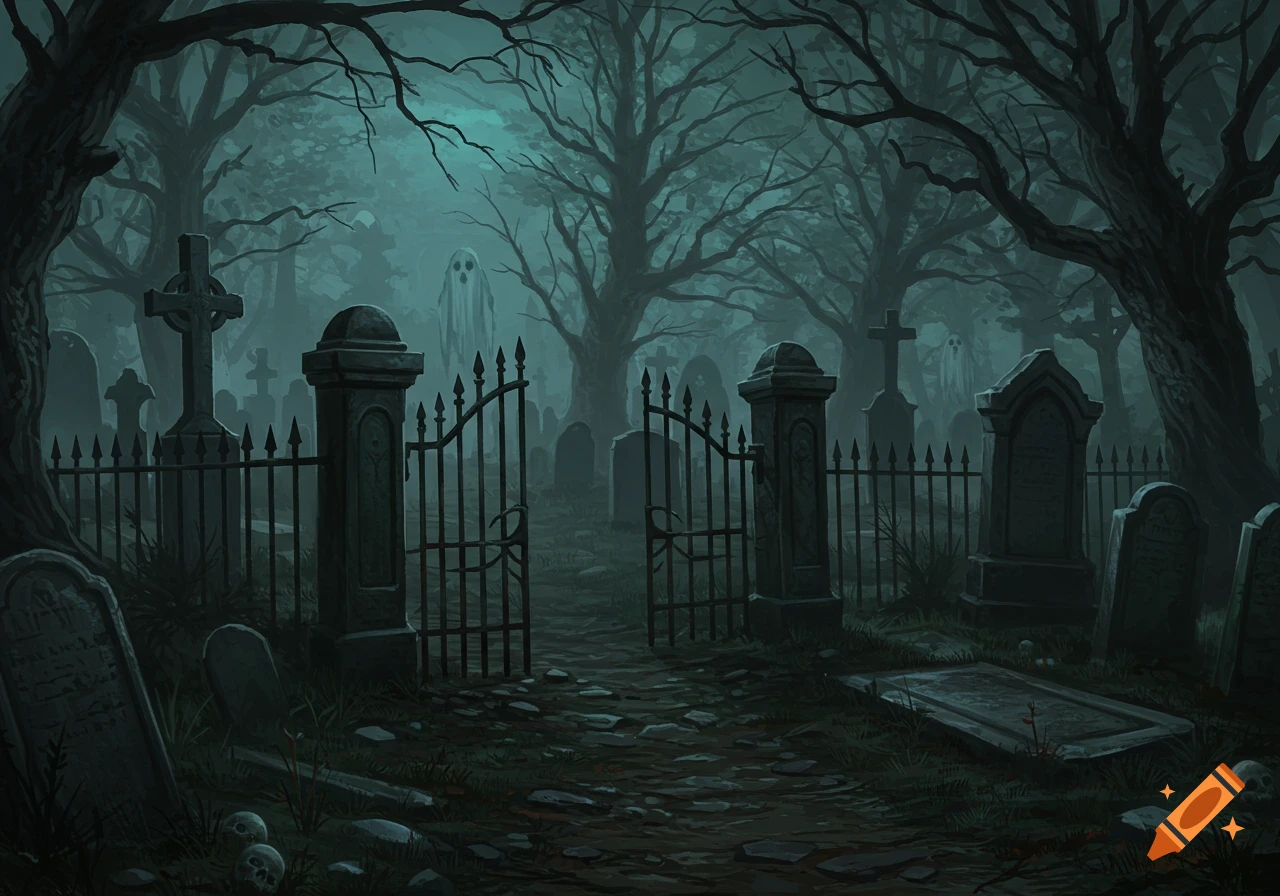 A spooky cemetery scene at night with a ghost, tombstones, a gate, and ...