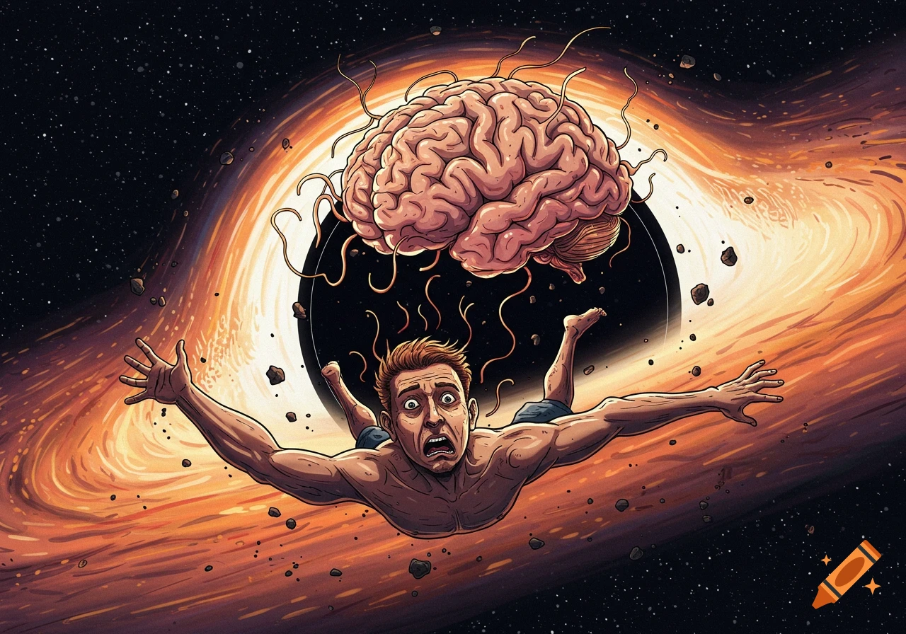 Illustration of a man falling into a black hole, his brain transforming ...