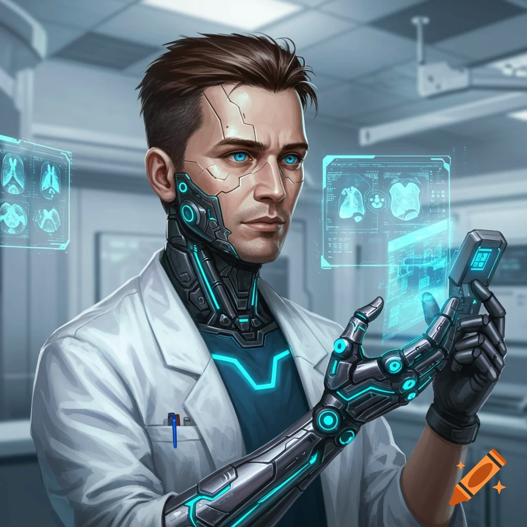 A male cyborg doctor in a lab holding a futuristic device. on Craiyon