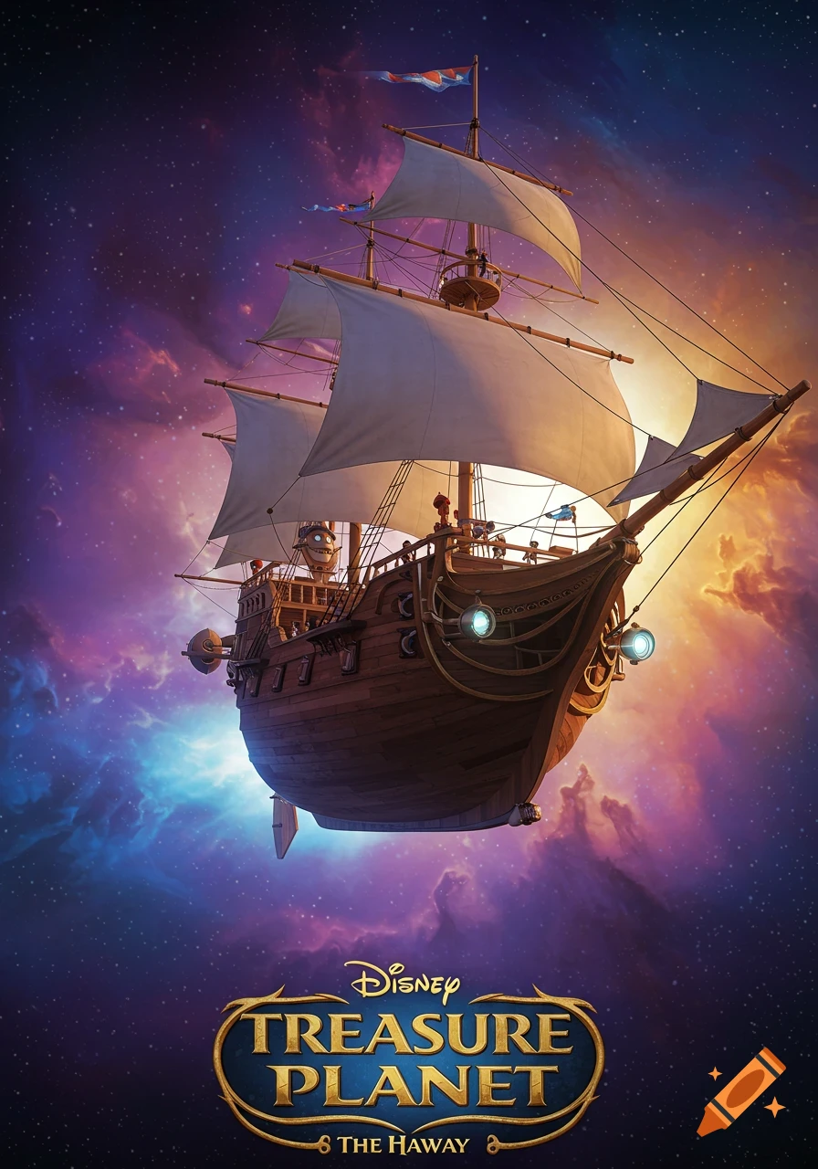 Poster for Disney's Treasure Planet featuring a sailing ship spaceship flying through purple and ...