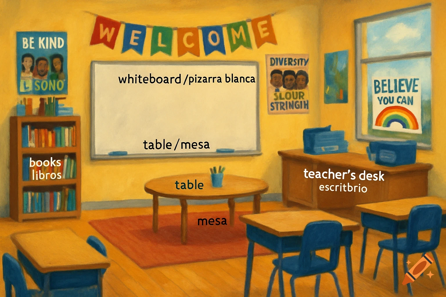 Painted illustration of a welcoming classroom with bilingual labels on ...