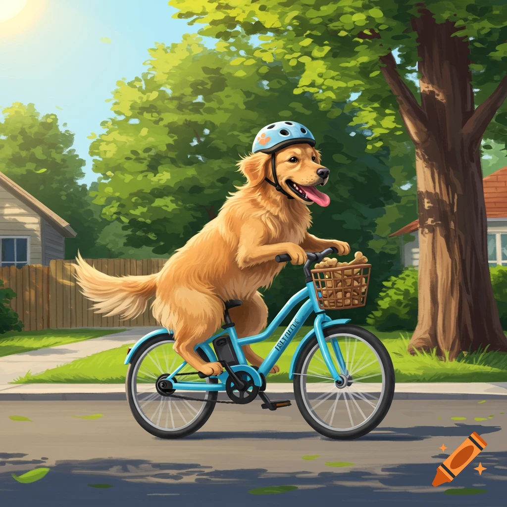 A golden retriever wearing a helmet rides a blue bicycle down a sunny ...