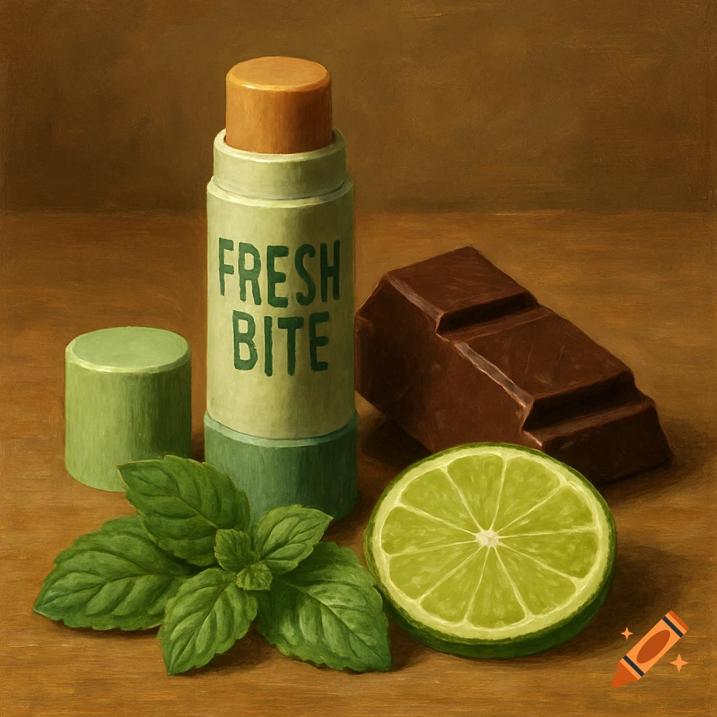 A painted still life with a tube labeled 'FRESH BITE', chocolate, mint ...