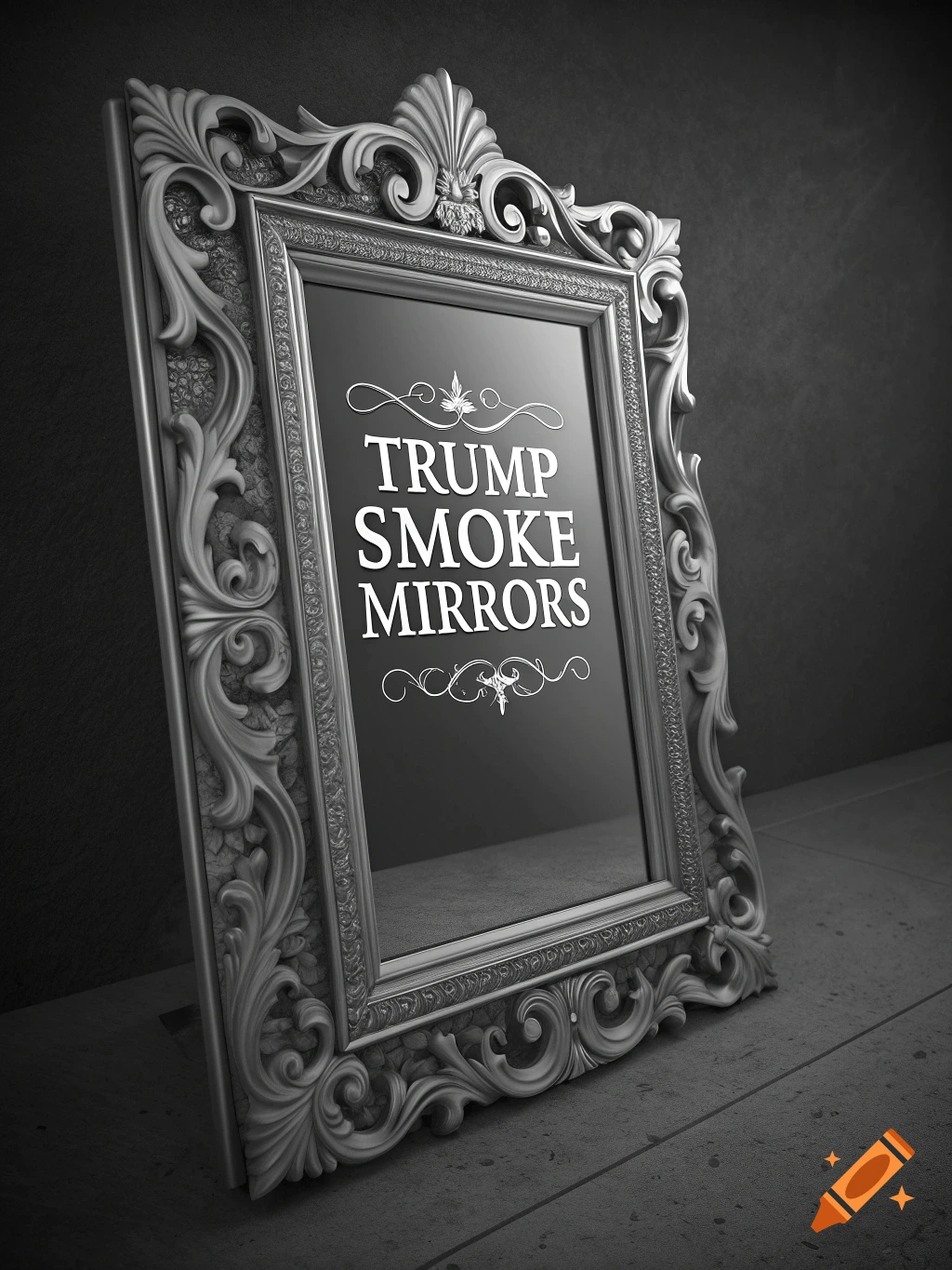 An ornate mirror with the text "TRUMP SMOKE MIRRORS" on its surface. on ...