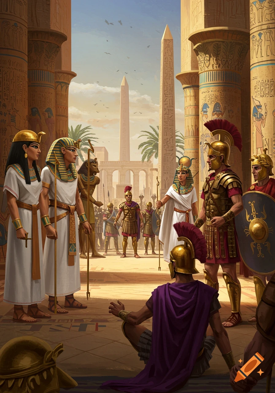 A scene in an Egyptian temple with Egyptian figures and Roman soldiers ...