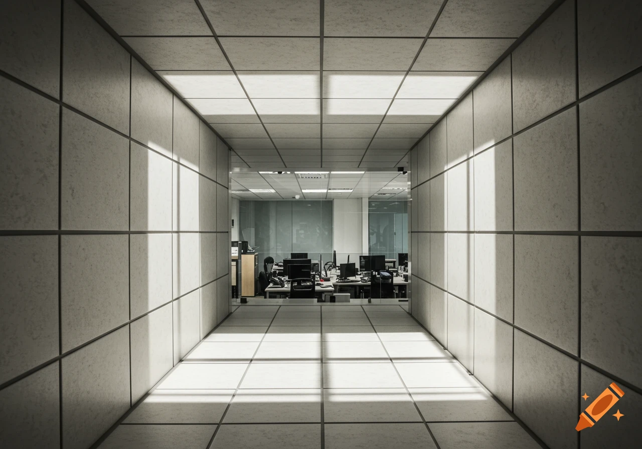View from an office tile ceiling looking down a hallway into a room ...