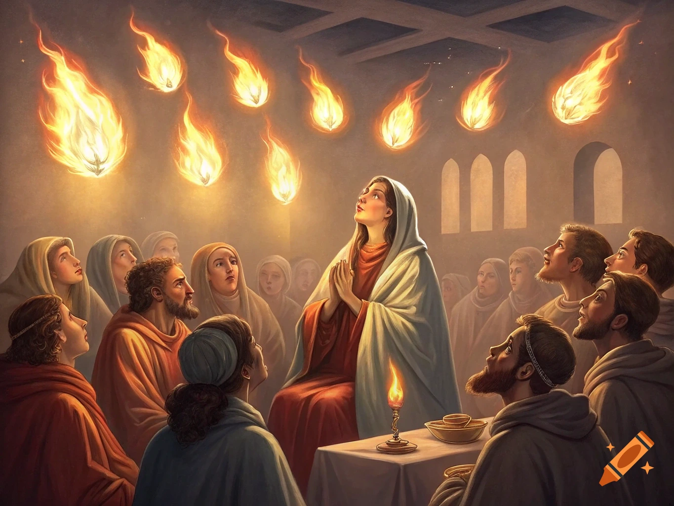 Mary and disciples in a room look up as flames appear above their heads ...