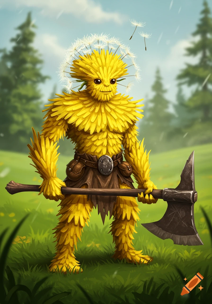 A humanoid creature made of yellow dandelion florets stands in a forest clearing, holding a ...
