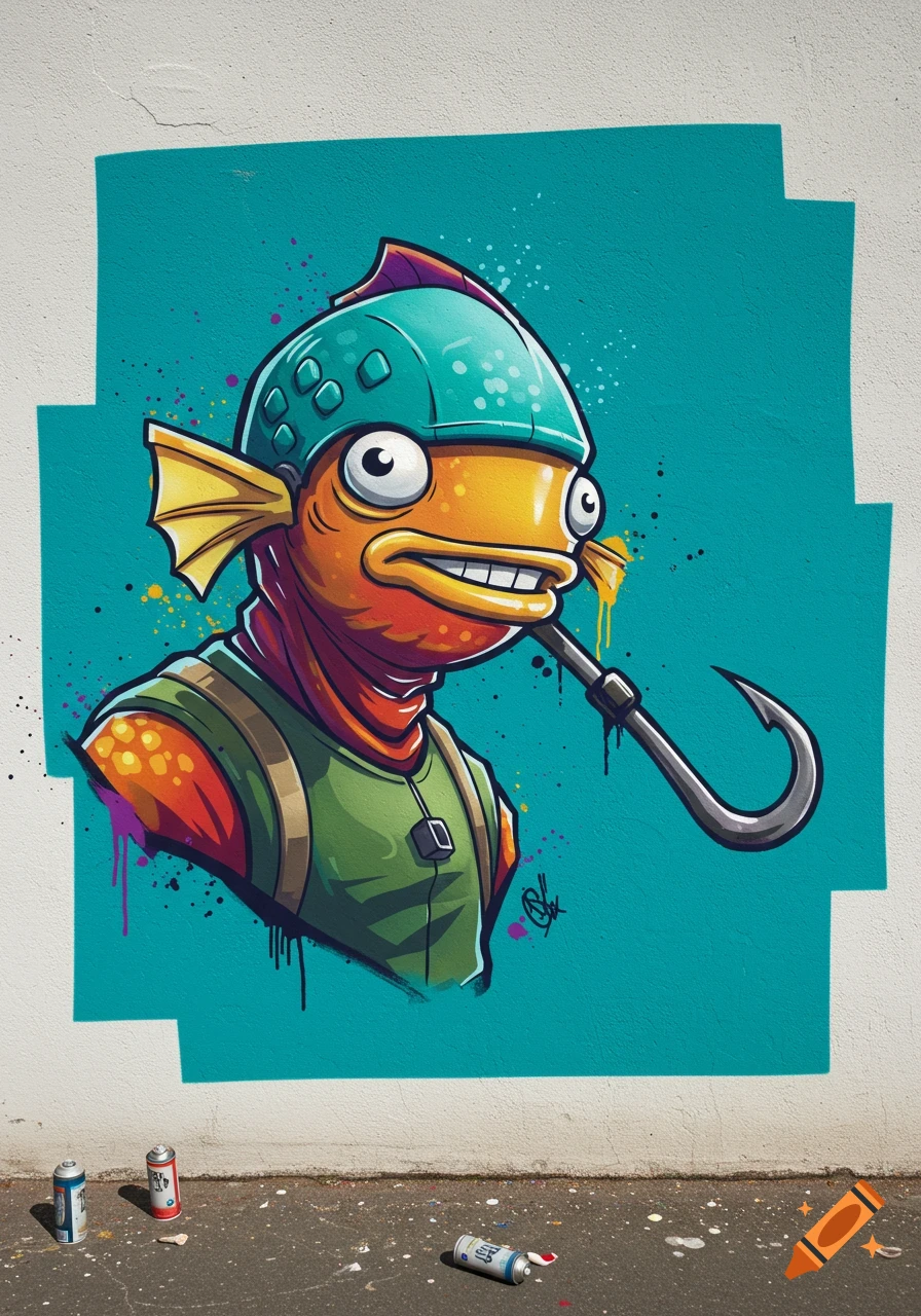 Graffiti art of the Fortnite Fishtick character on a wall with spray ...
