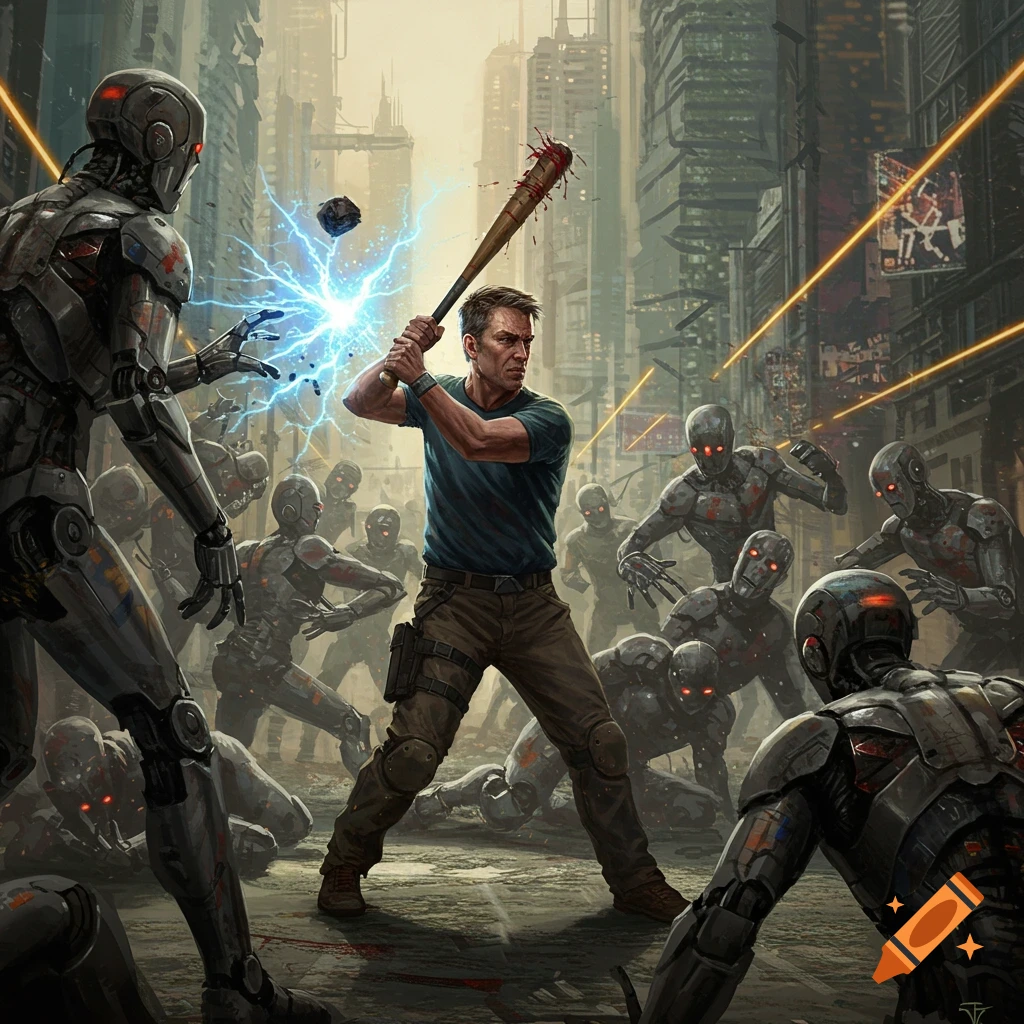 A man swings a bloody baseball bat at attacking robots in a futuristic ...