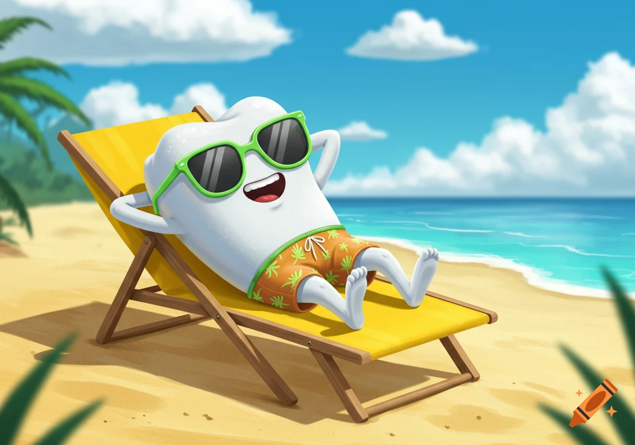 A cartoon tooth character wearing sunglasses and swim trunks relaxes on ...