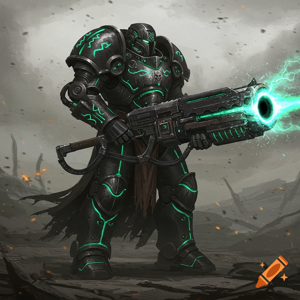 A figure in heavy black and green power armor firing a large energy ...