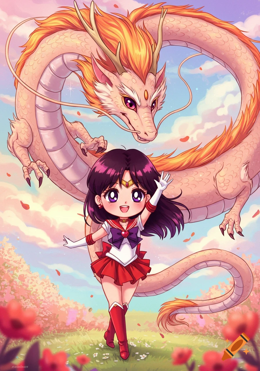 A chibi Sailor Mars waves in a field with a large white dragon flying ...