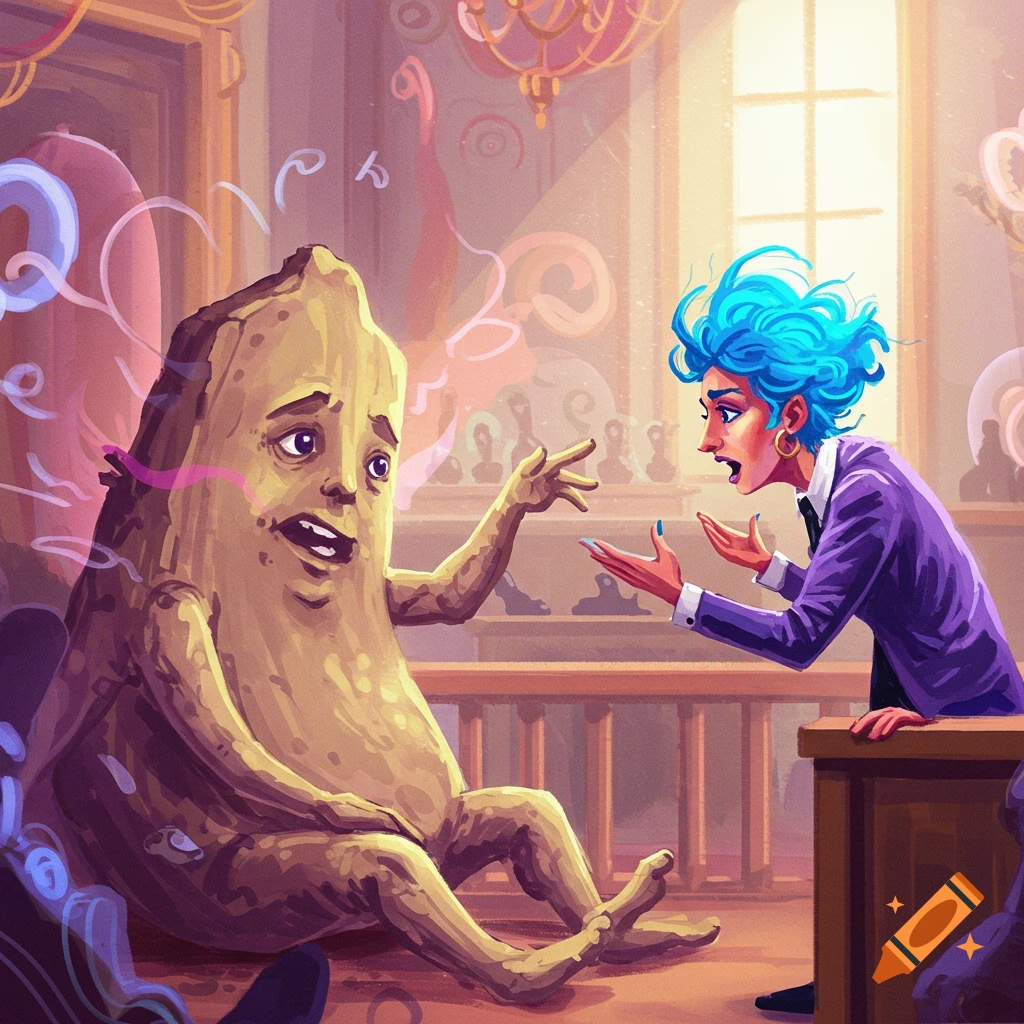 Illustration of a potato-like creature sitting in a courtroom being ...