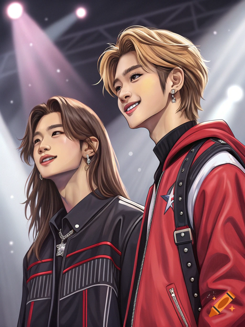 Anime illustration of two young men on a stage with spotlights. on Craiyon