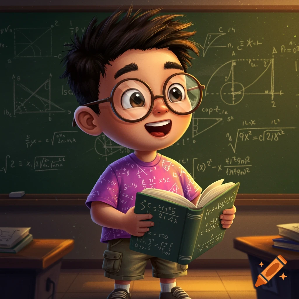 Cartoon boy with glasses holding a math book in a classroom with a ...