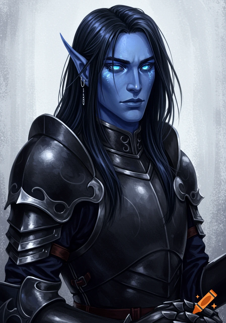 Portrait of a blue-skinned fantasy character with glowing blue eyes and ...