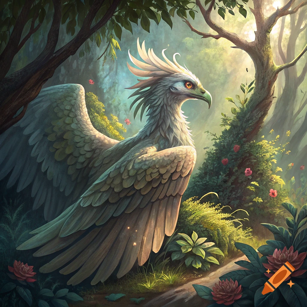A fantasy bird-like creature with white feathers stands in a sunlit ...