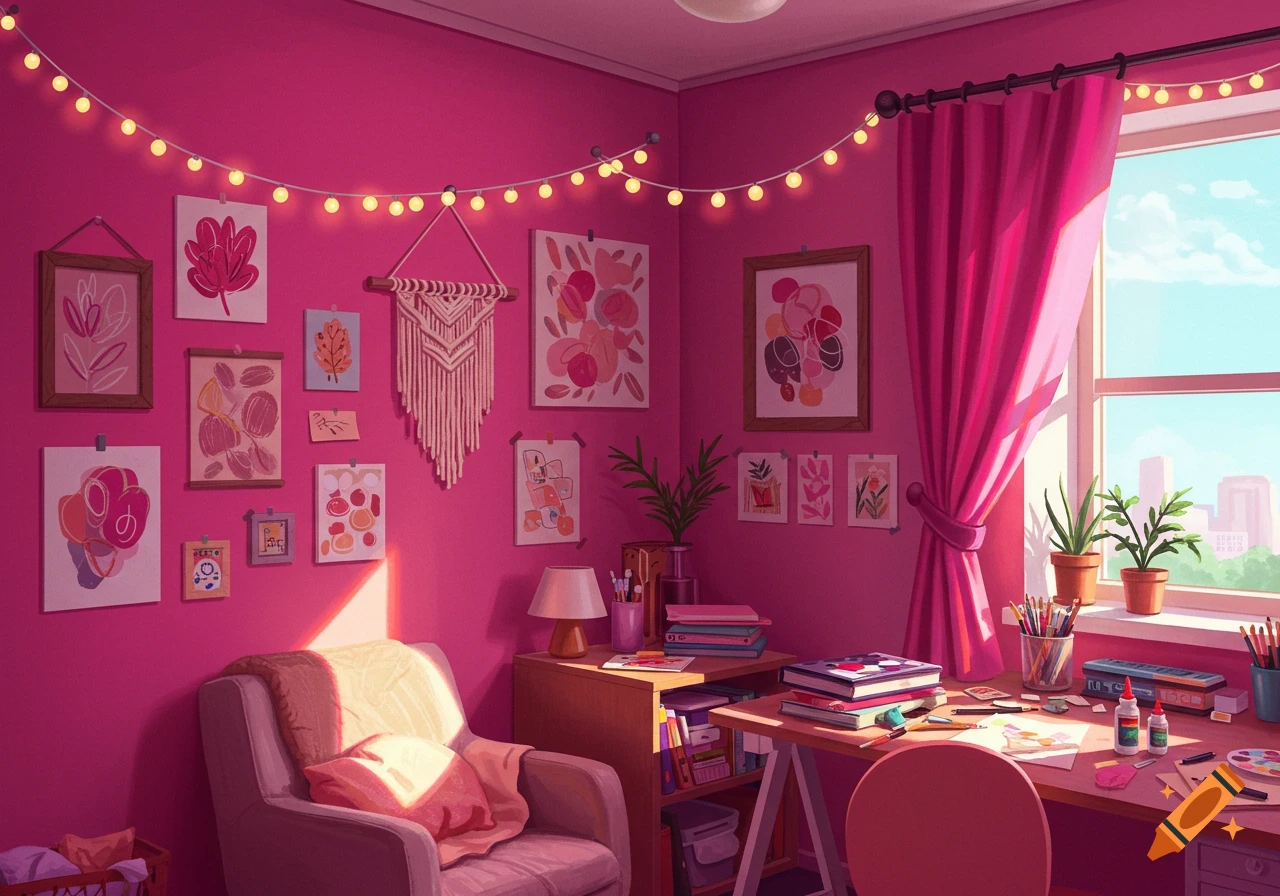 A vibrant pink bedroom with art on the walls, string lights, a cozy ...
