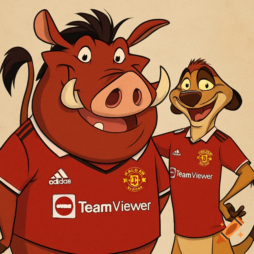 Timon and Pumbaa from The Lion King wearing red football kits on Craiyon