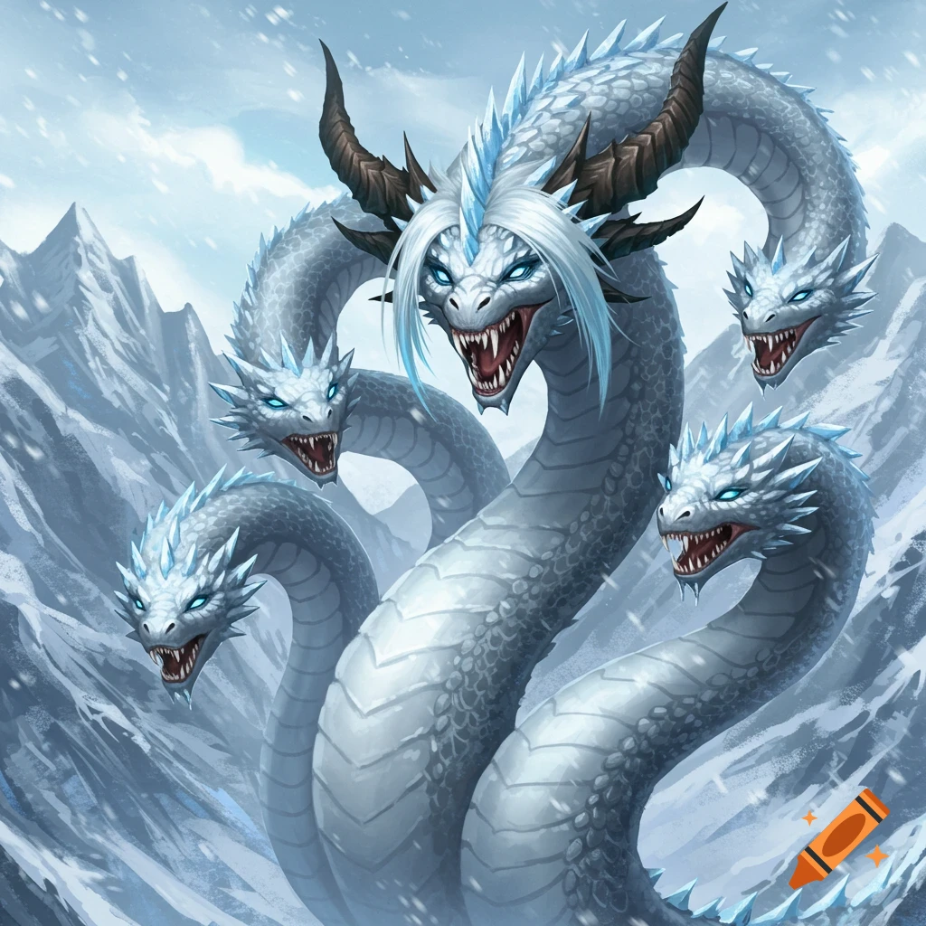 A white, multi-headed hydra with ice spikes and horns stands in a snowy ...