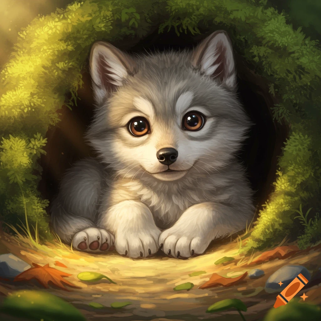 A cute baby wolf cub peers out from a forest den. on Craiyon