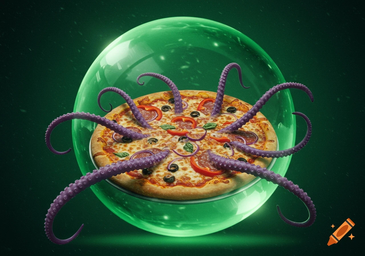 Photorealistic pizza with purple octopus tentacles coming out, inside a ...
