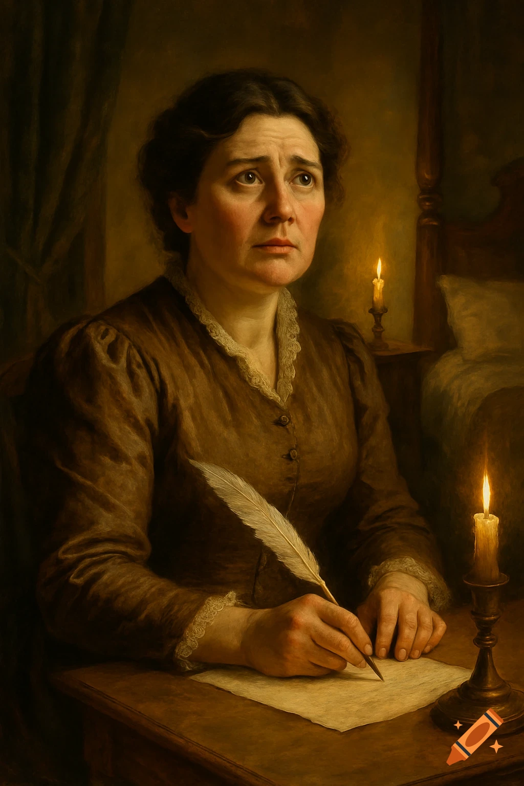 Historical painting of a woman writing by candlelight with a quill. on ...