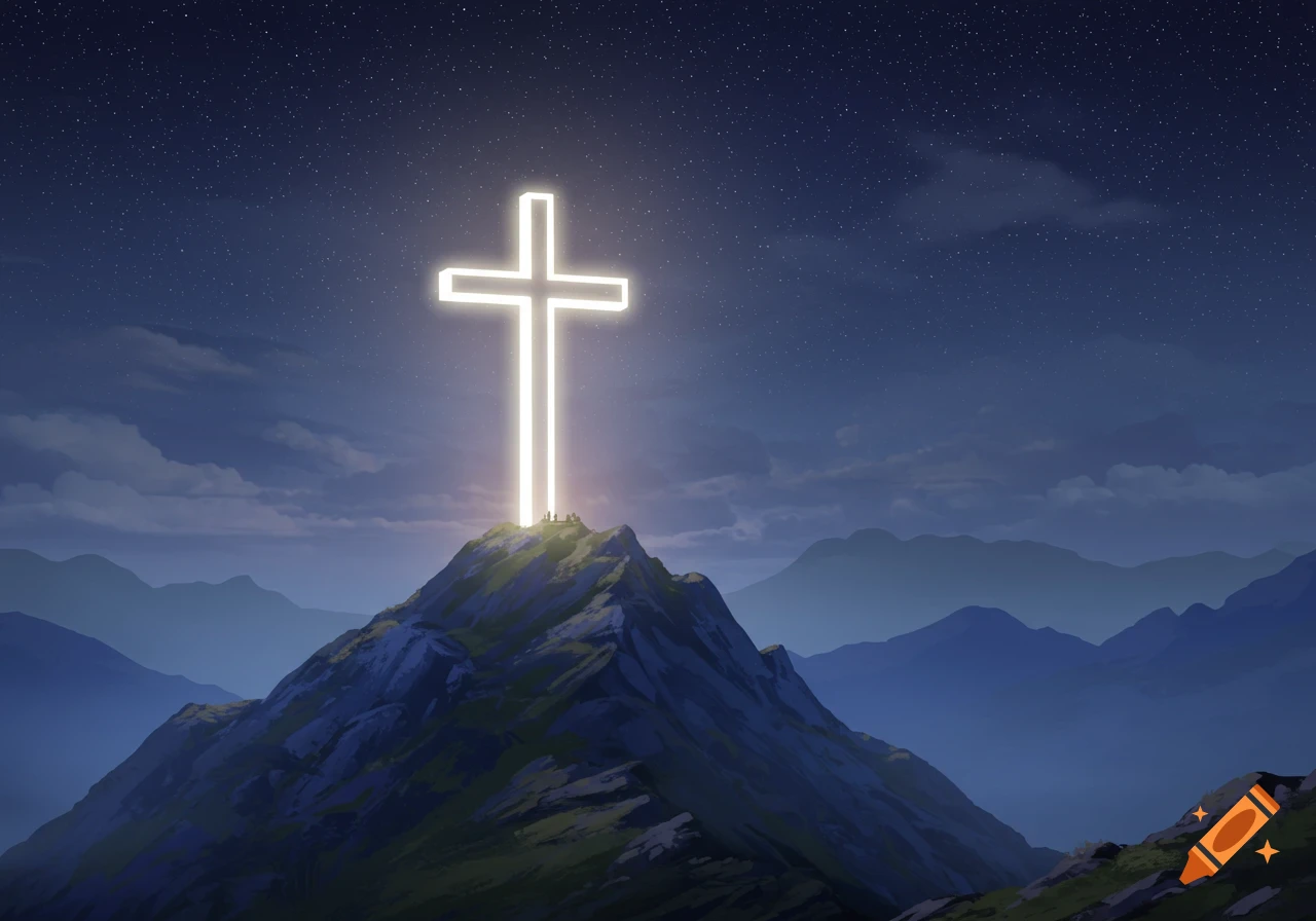 A bright, glowing cross stands atop a rocky mountain peak at night under a starry sky. on Craiyon