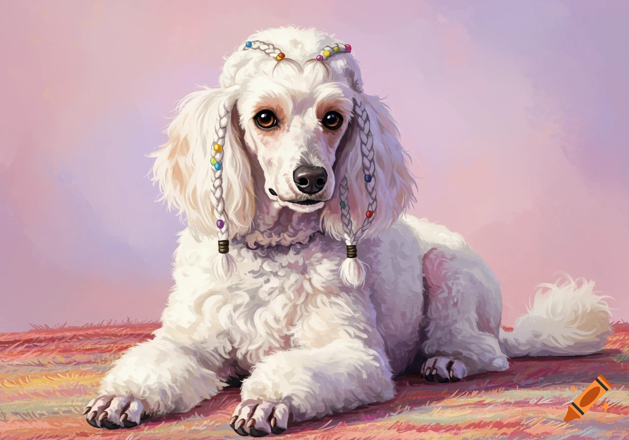 A white poodle with braided hair and beads lies on a patterned rug ...