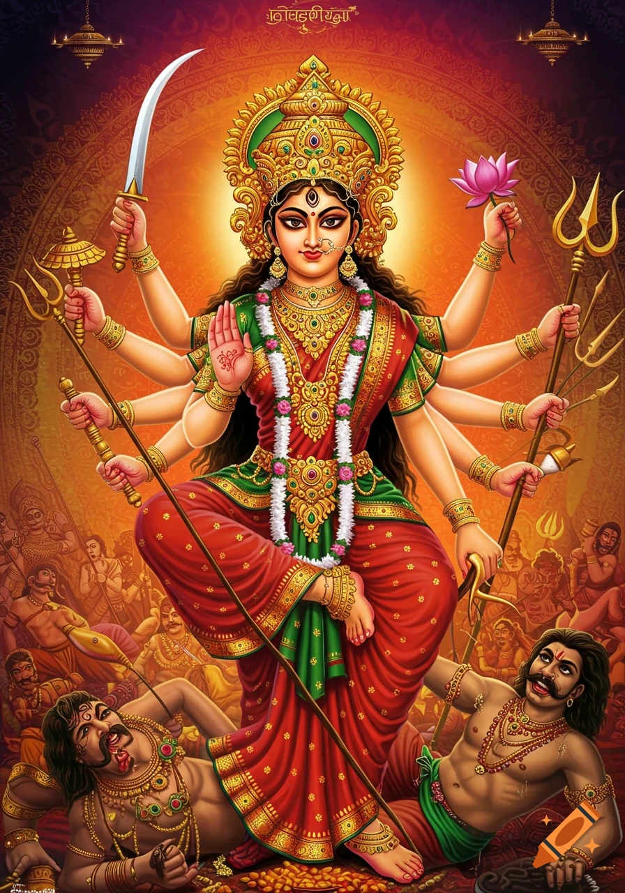 Illustration of Hindu goddess Durga with multiple arms, holding weapons ...