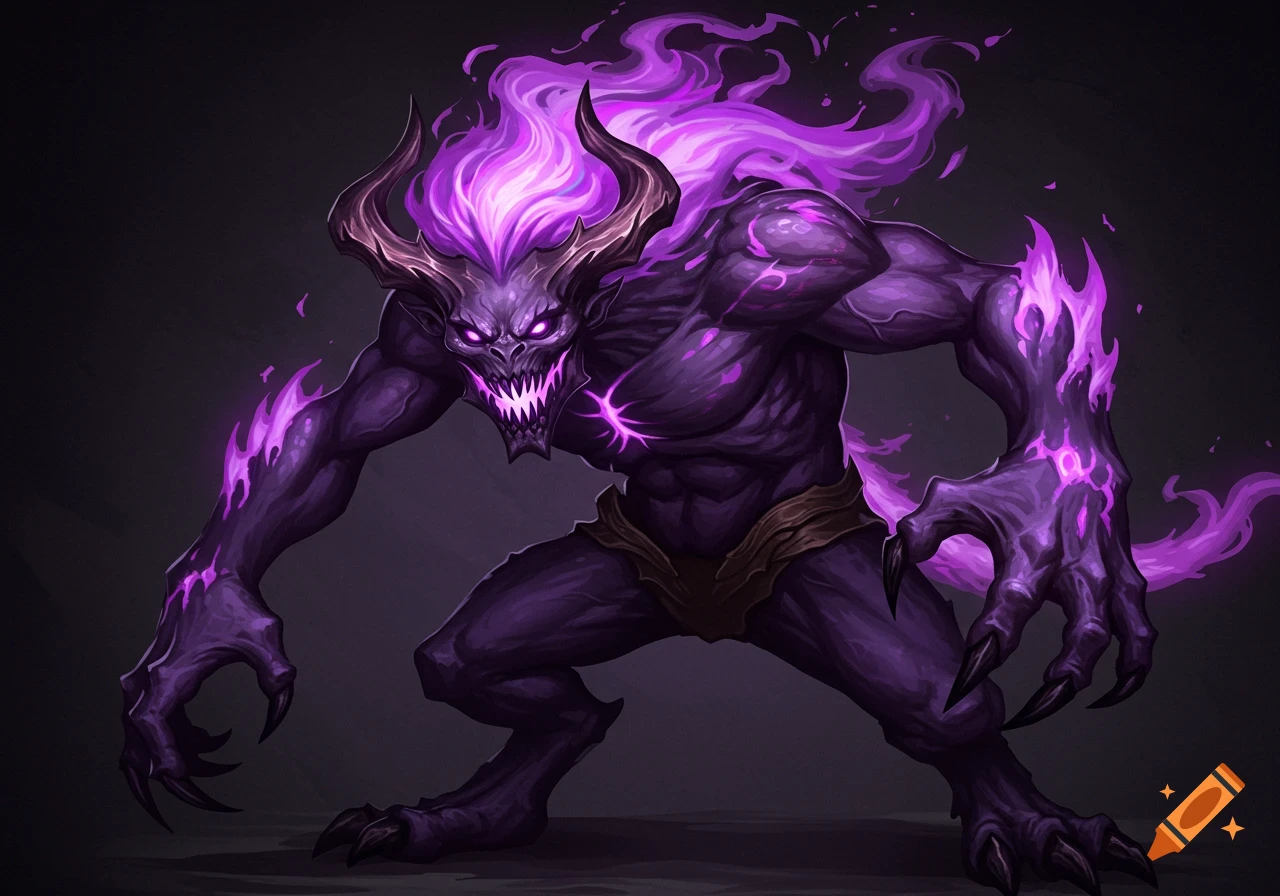 A purple monster with horns, glowing eyes, and a purple aura standing ...