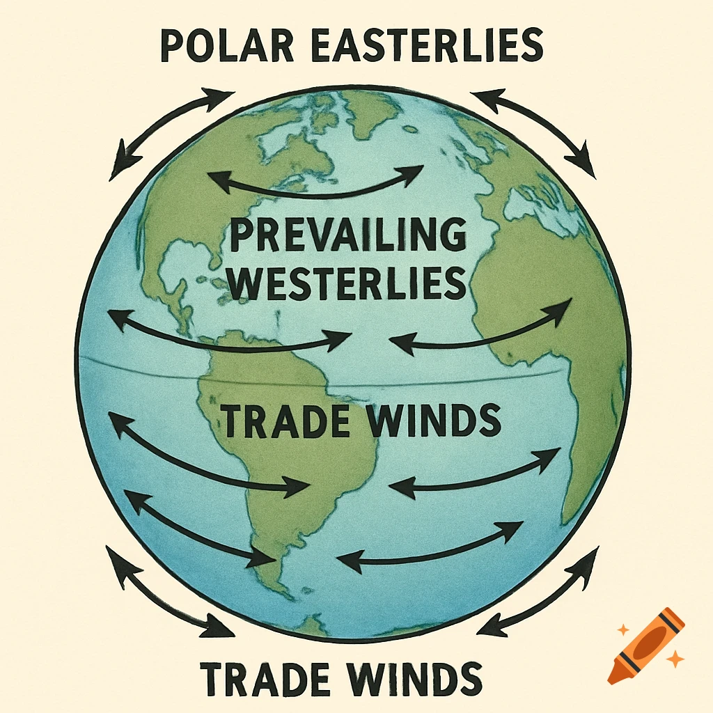 Diagram of the Earth showing global wind patterns with labels for Polar ...
