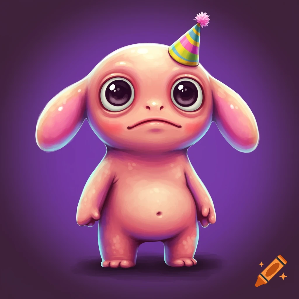 A sad pink cartoon creature with big eyes and a party hat stands on a ...