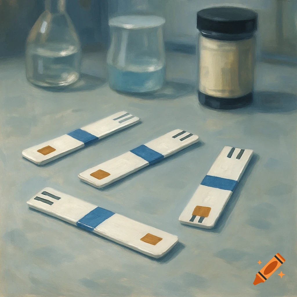 Blood glucose test strips and lab bottles on a surface in a painterly ...
